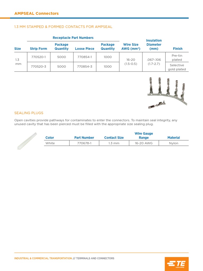 AMPSEAL Connectors: 1.3 MM Stamped & Formed Contacts For Ampseal | PDF