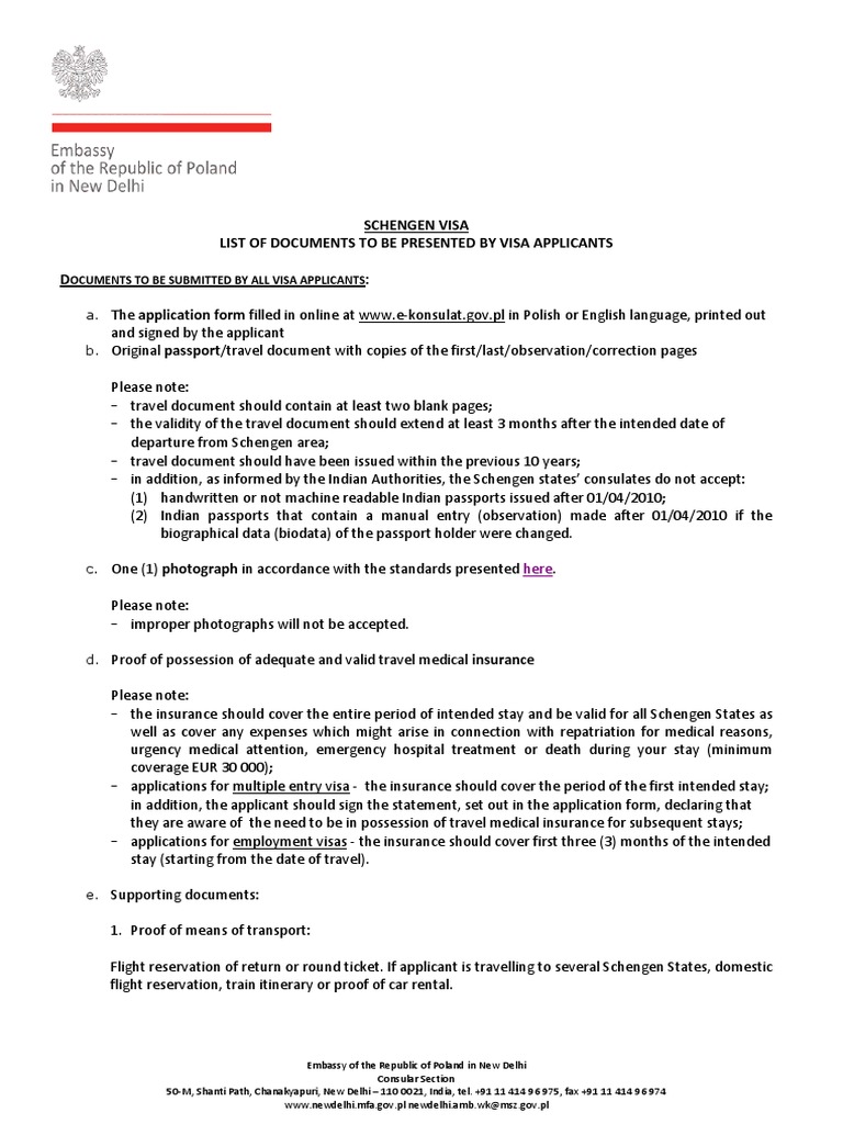 Schengen Visa List of Documents To Be Presented by Visa Applicants D ...