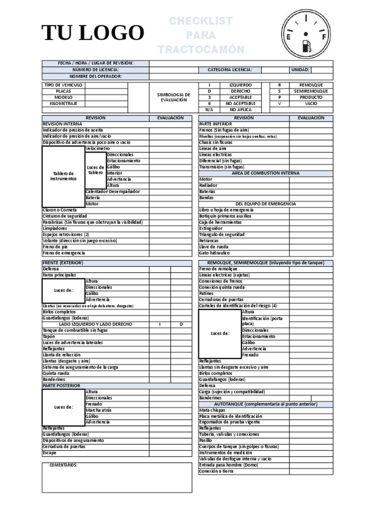 Checklist para tracto camion.xlsx | Camión | Tanques | Prueba gratuita ...