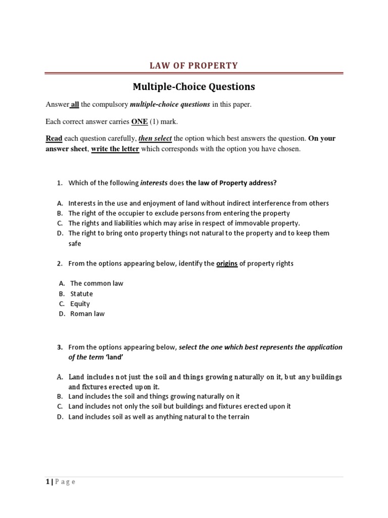 Property Law Multiple-Choice Questions | PDF | Lease | Leasehold Estate