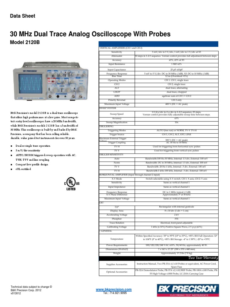 30 MHZ Dual Trace Analog Oscilloscope With Probes: Data Sheet | PDF ...