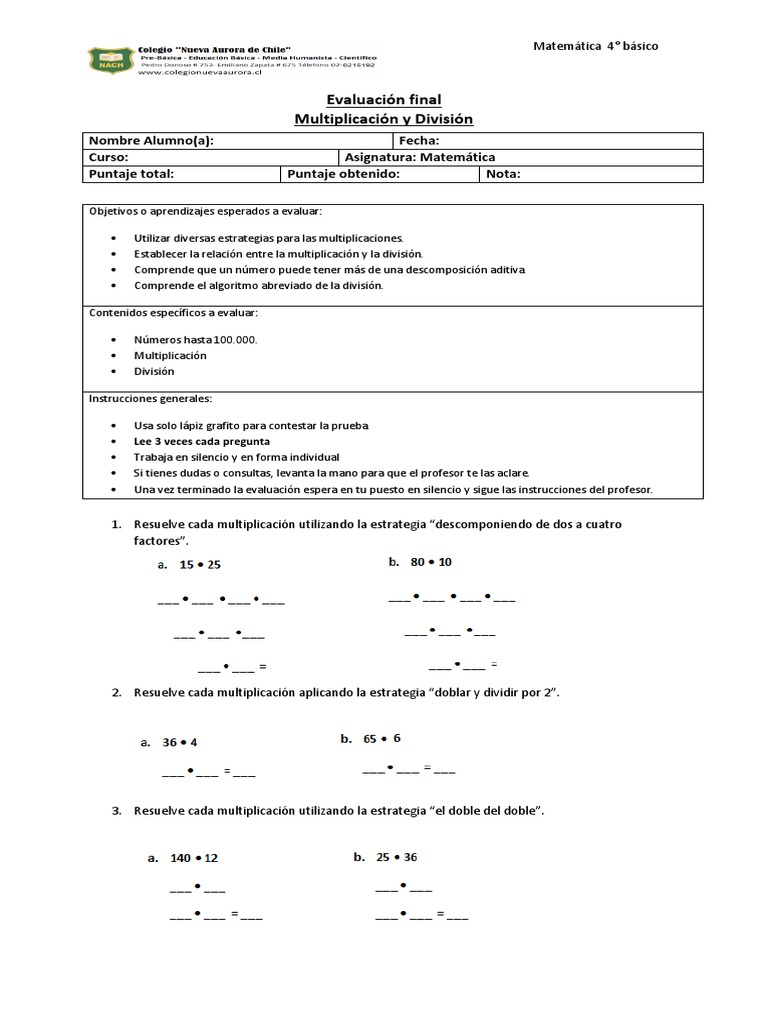 EVALUACIÓN Final Mult y Divis Mat 4° | PDF | Multiplicación | Enseñanza de matemática