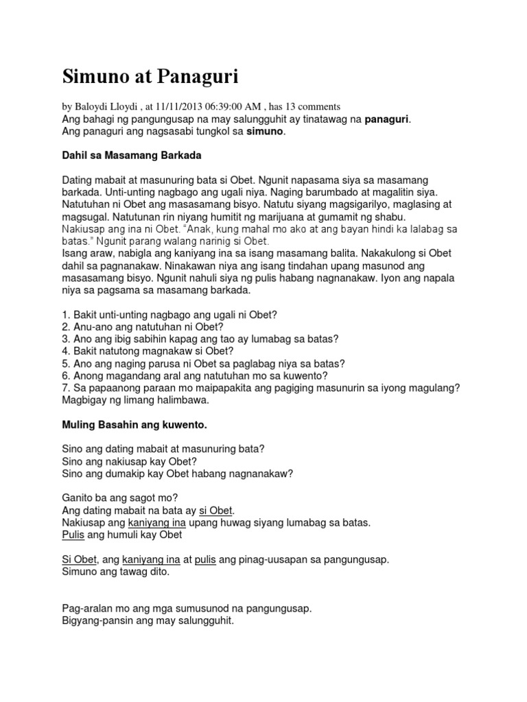 Simuno at Panaguri: Mga Halimbawa at Aral | PDF | Language Arts ...