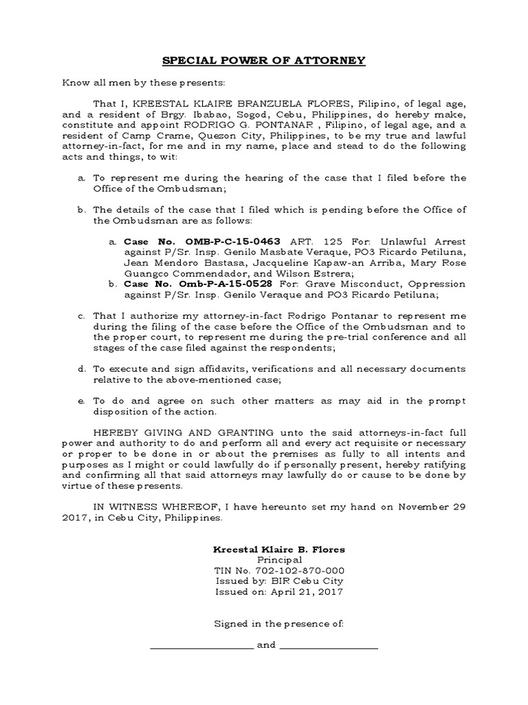 SPA For Case | PDF | Power Of Attorney | Public Law