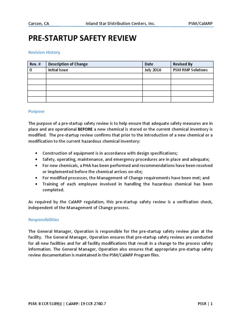 06 - Pre-Startup Safety Review.pdf | Dangerous Goods | Safety