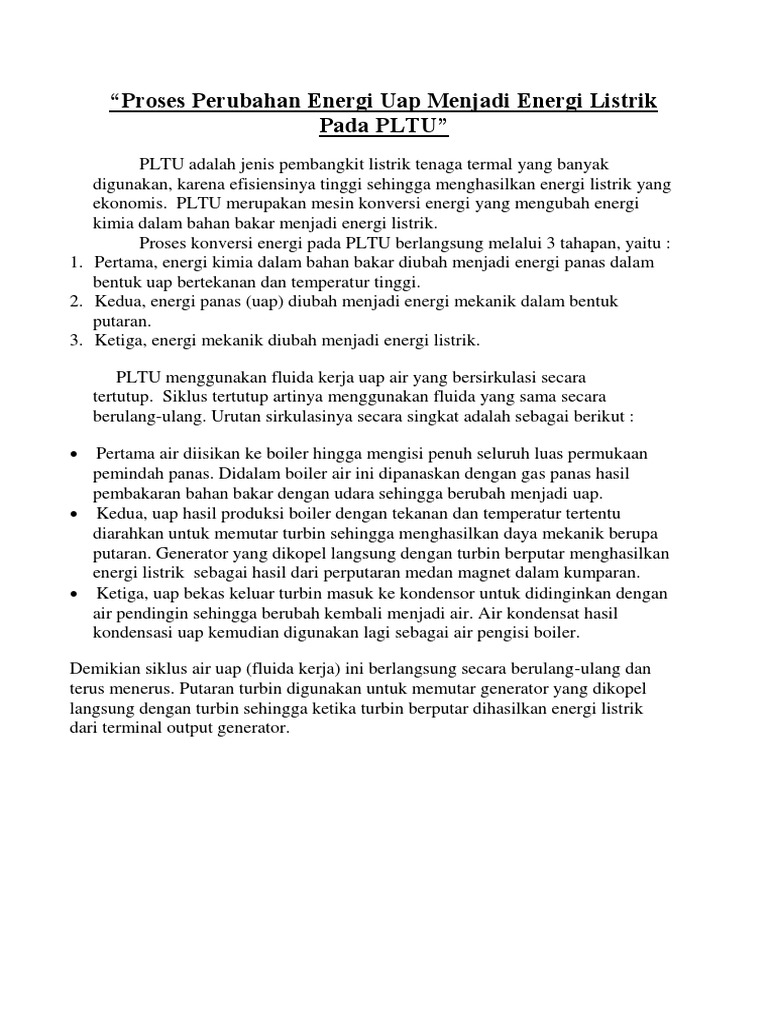 Proses Perubahan Energi Uap Menjadi Energi Listrik Pada PLTU | PDF ...