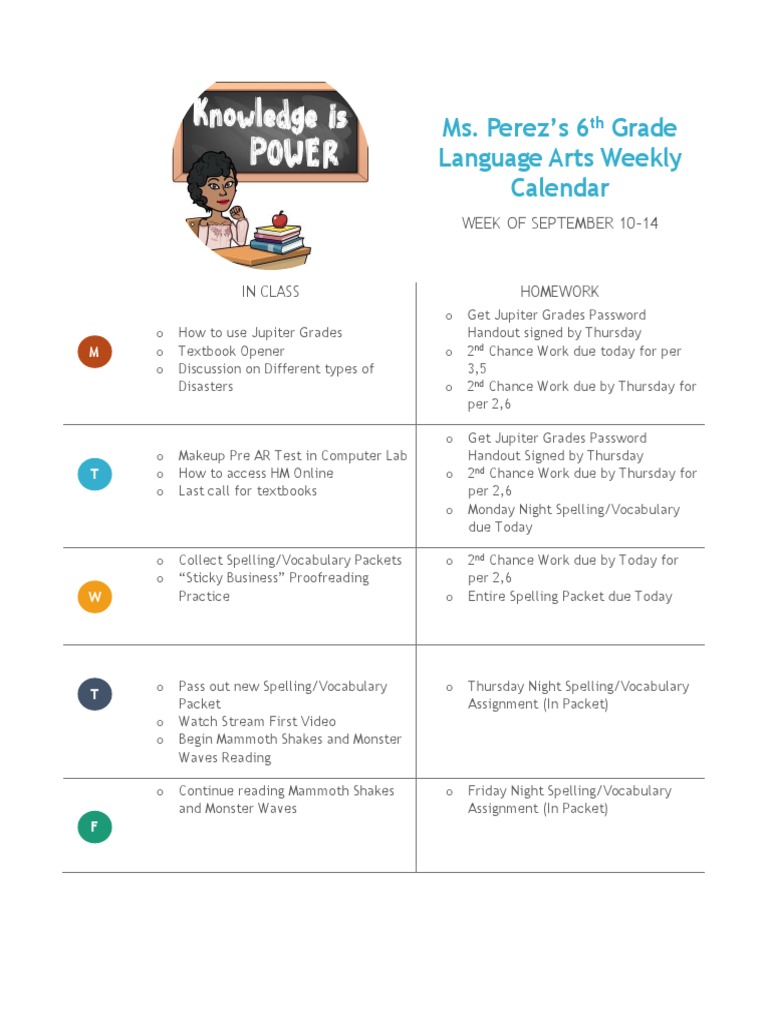 6th Grade Language Arts Agenda | PDF