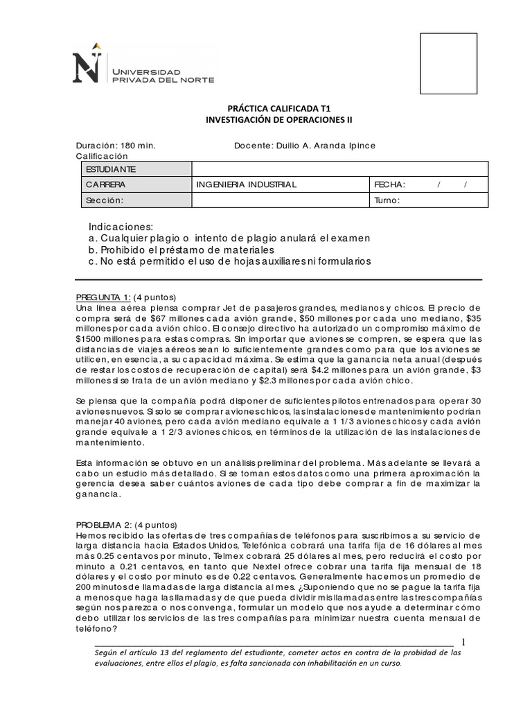 Upn Iind t1 Invope 2 20180 Preguntas | PDF | Avión | Energía y recursos