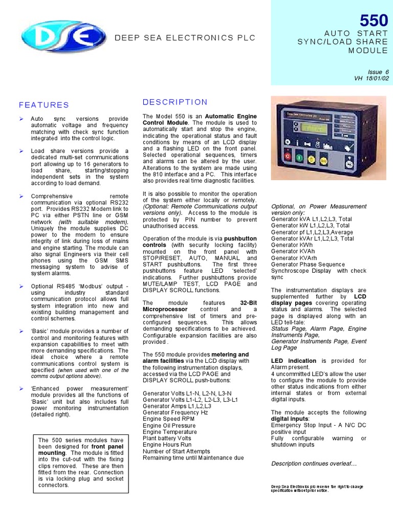 DSE550 Data Sheet PDF | PDF | Relay | Amplifier