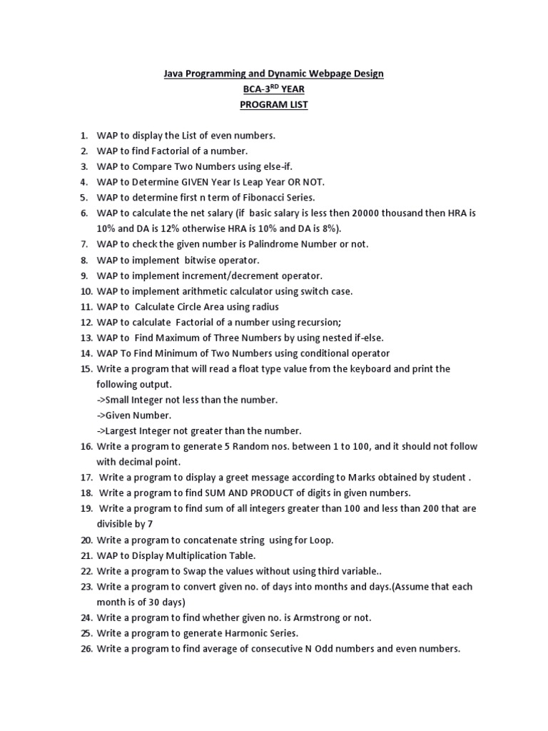 Java Programming and Dynamic Webpage Design BCA-3 Year Program List ...