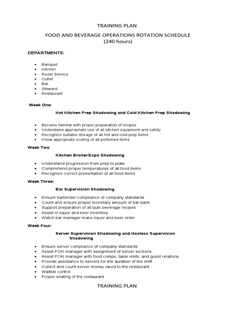 Training Plan Food and Beverage Operations Rotation Schedule (240 Hours ...