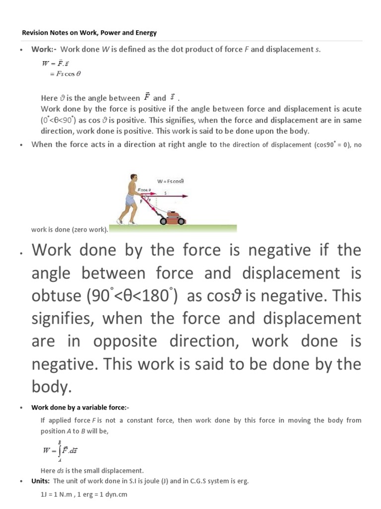 Work:-Work Done W Is Defined As The Dot Product of Force F and ...