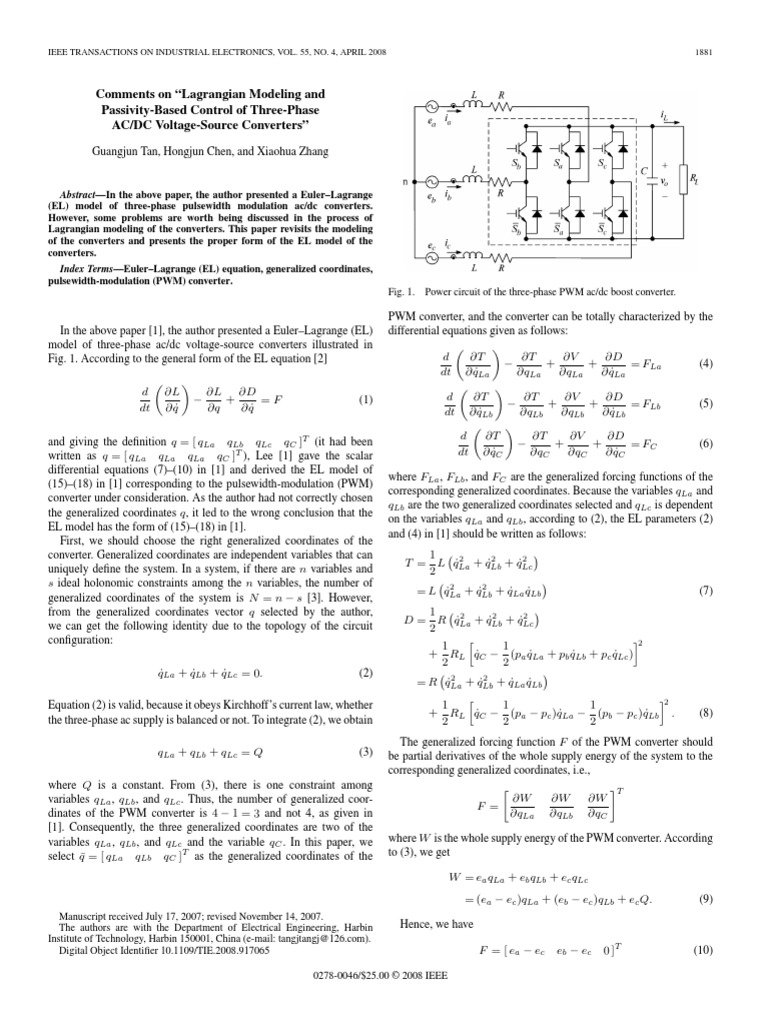 Comments On Lagrangian Modeling and Passivity-Based Control of Three-Phase ACDC Voltage Source ...