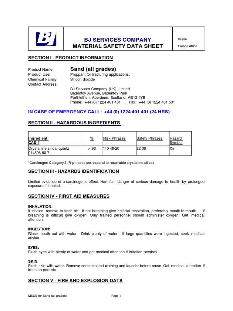 Material Safety Data Sheet: BJ Services Company | PDF | Silicon Dioxide ...