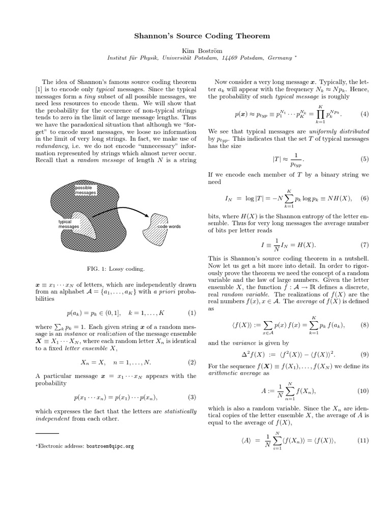 Shannon's Source Coding Theorem: Institut F Ur Physik, Universit at Potsdam, 14469 Potsdam ...