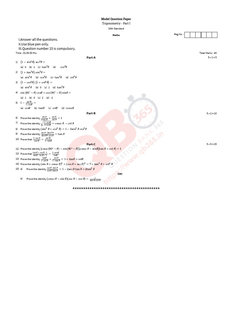 Model Question Paper on Trigonometric Identities | PDF | Trigonometric ...