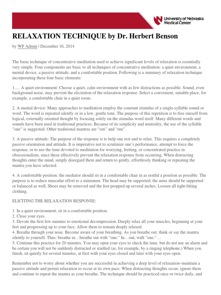 Herbert Benson's Relaxation Technique | PDF | Relaxation (Psychology ...