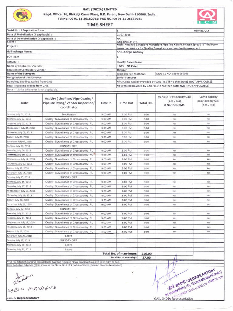GAIL July Timesheet for Quality Surveillance | PDF | Bus Transport ...