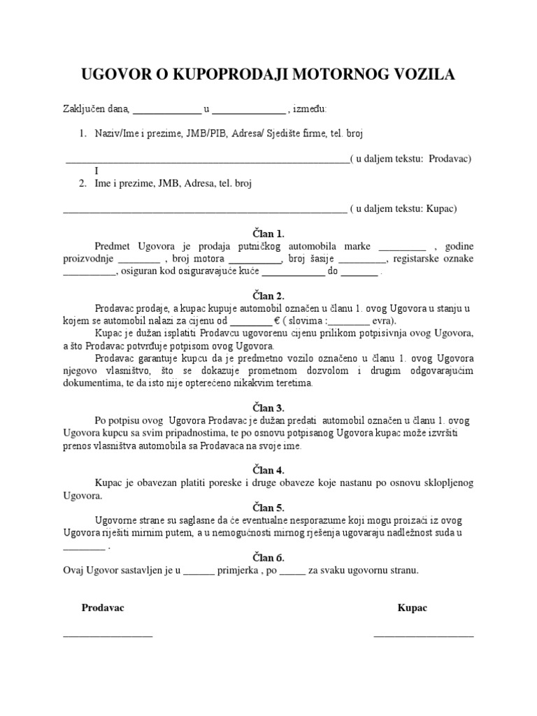 Ugovor o Prodaji Motornog Vozila | PDF