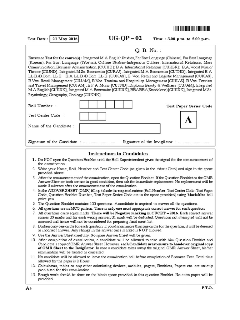CUCET Previous Question Papers 2 | PDF | Test (Assessment) | Nature