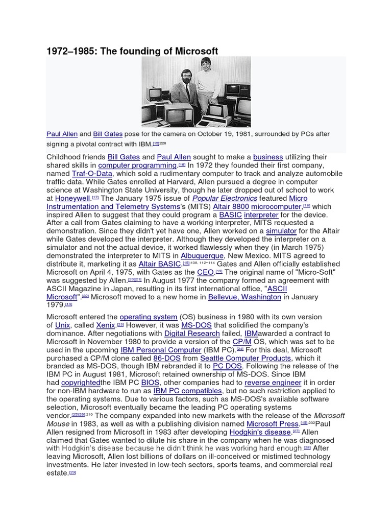 1972 - 1985: The Founding of Microsoft: Paul Allen Bill Gates | PDF ...