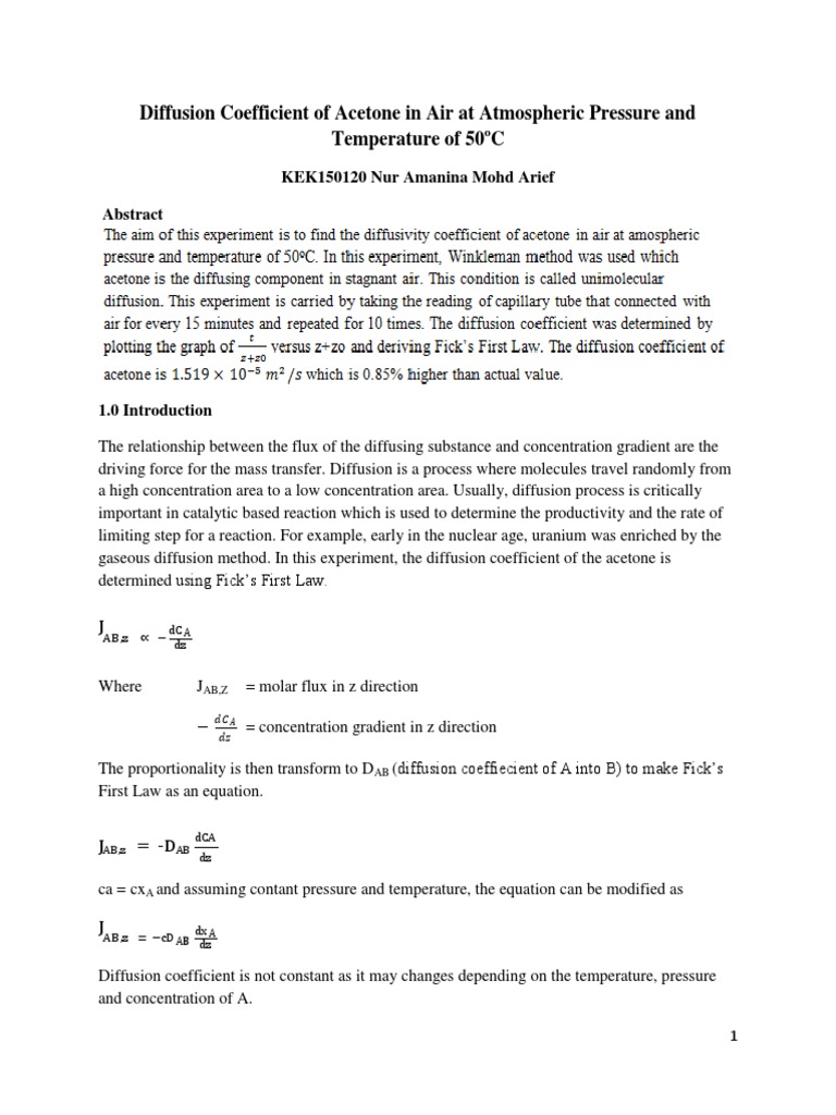 Acetone Diffusion Coefficient at 50°C | PDF | Diffusion | Chemistry