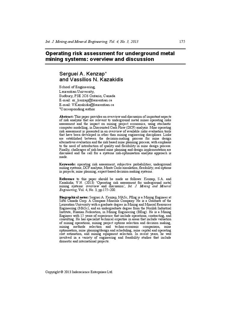 Operating Risk Assessment For Underground Metal Mining Systems ...