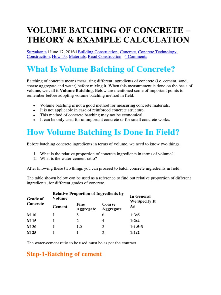 Volume Batching of Concrete - Theory & Example Calculation | PDF | Volume | Construction Aggregate