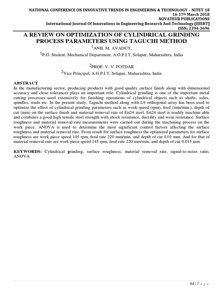 A Review On Optimization Of Cylindrical Grinding Process Parameters