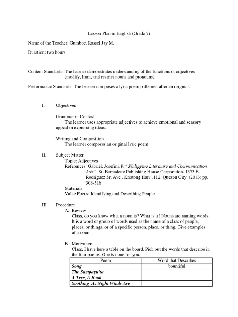 Grade 7 Adjectives Lesson Plan | PDF | Adjective | Noun
