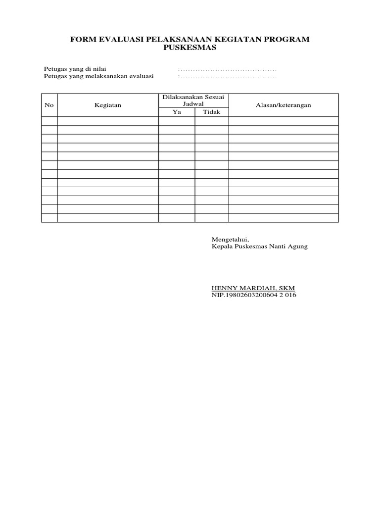 Form Evaluasi Pelaksanaan Kegiatan Program Puskesmas | PDF