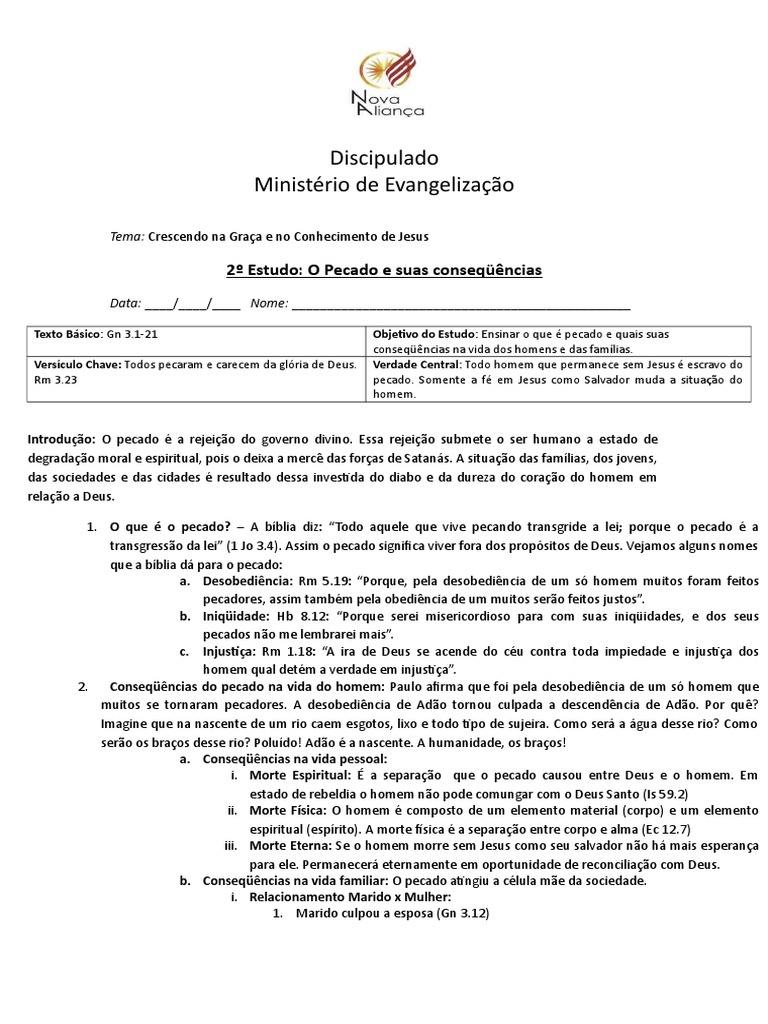 O Pecado E Suas Consequências 2 Estudo Pdf Pecado Adão E Eva