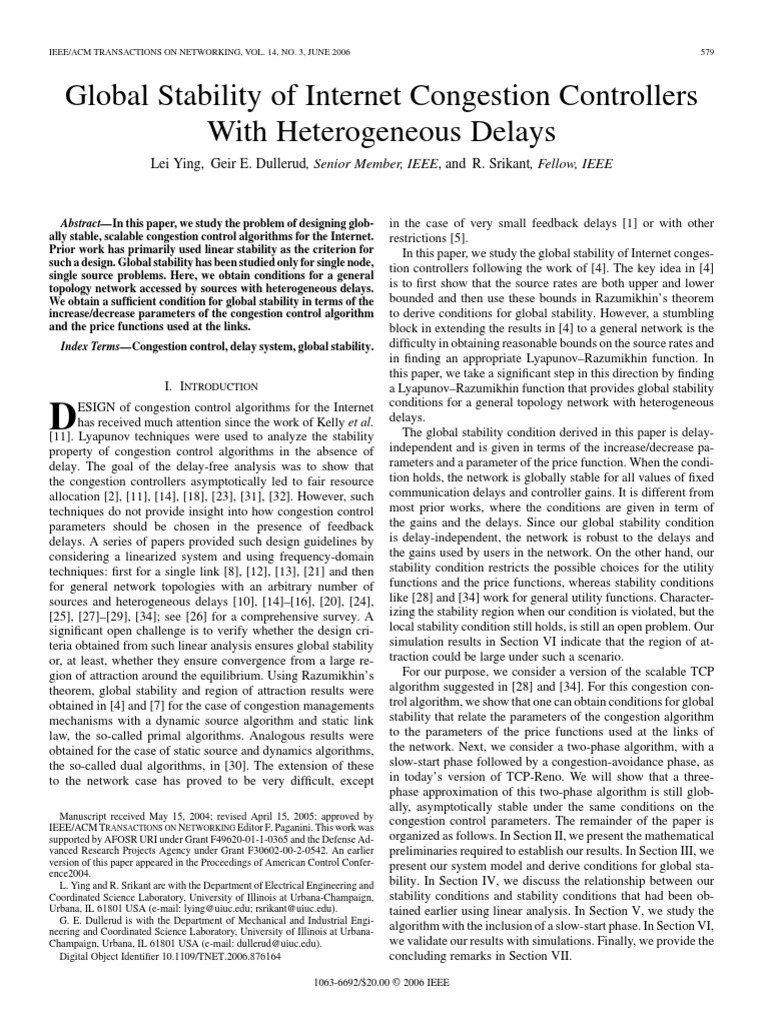 Global Stability of Internet Congestion Controllers With Heterogeneous Delays | PDF | Stability ...