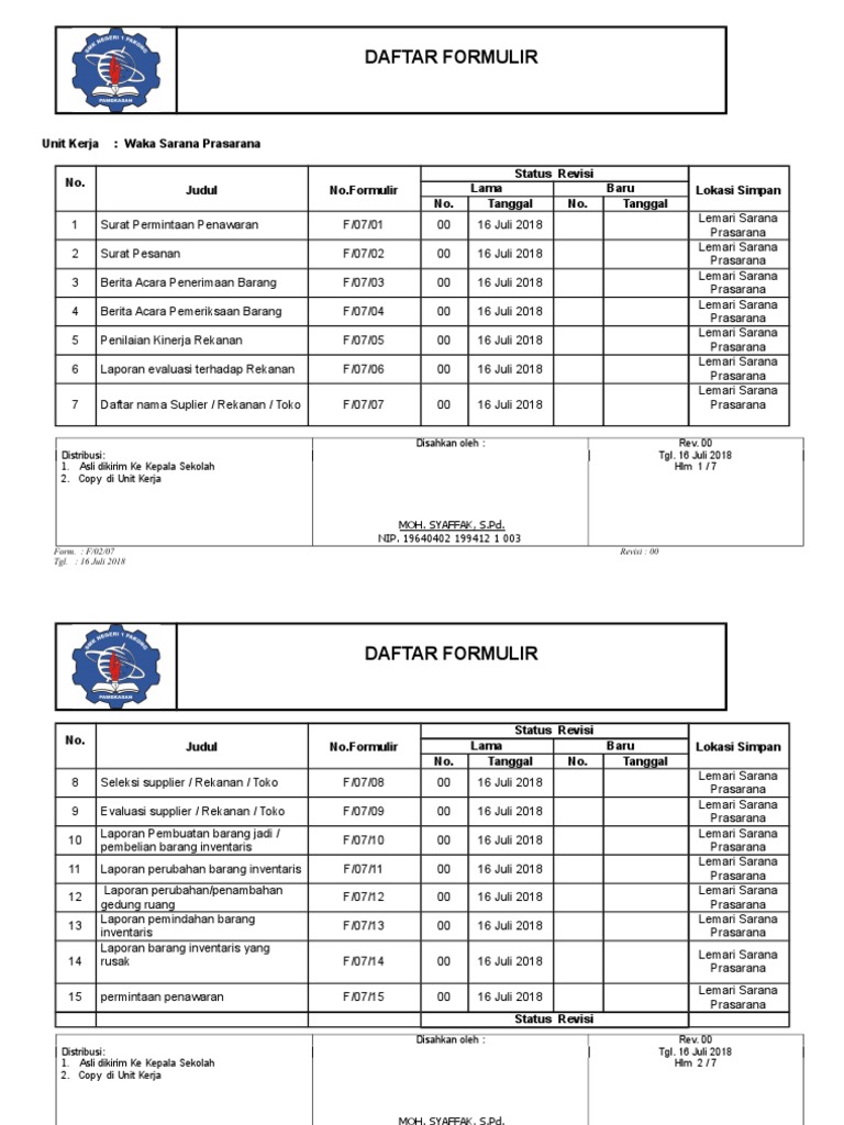 Daftar Formulir Sarpras | PDF