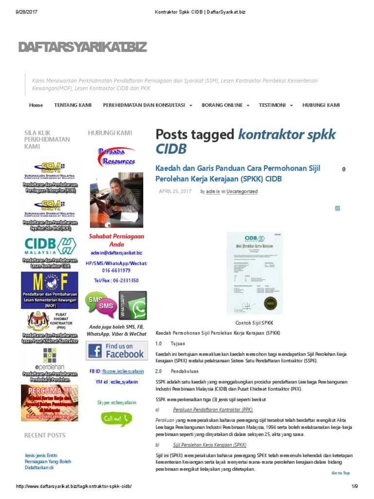 Kontraktor SPKK CIDB - DaftarSyarikat | PDF