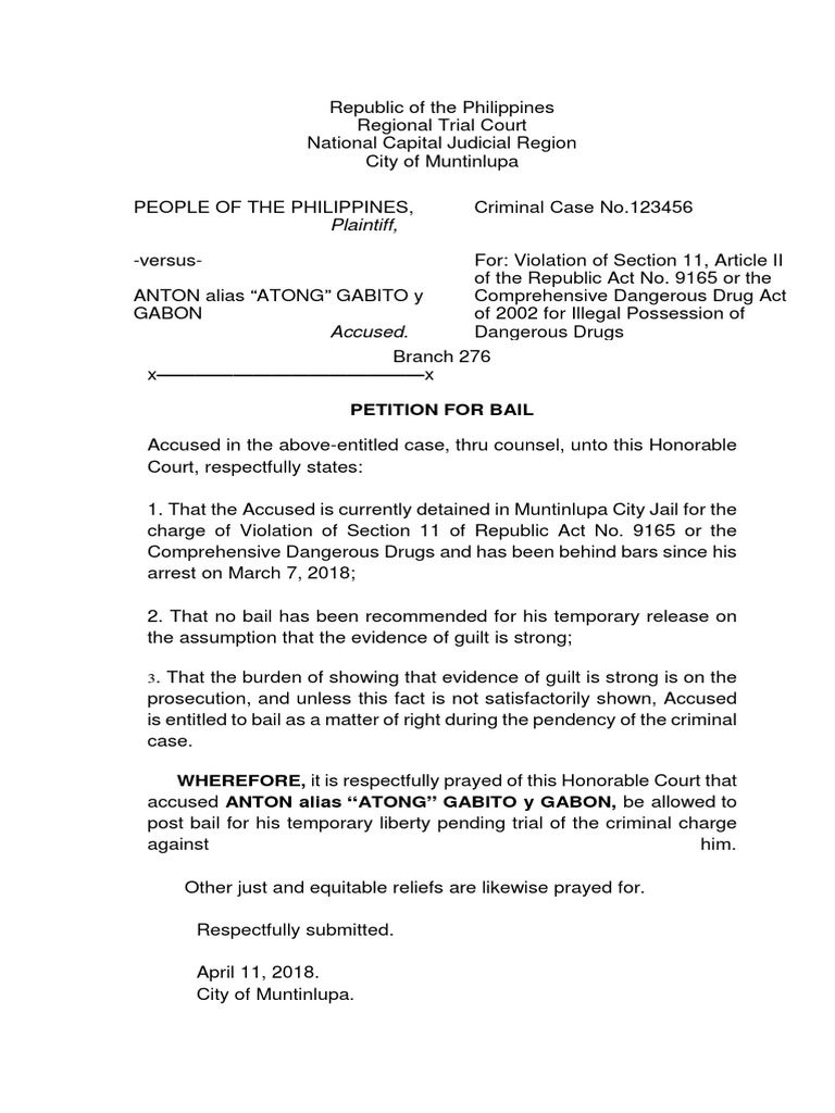 Plaintiff,: Petition For Bail | PDF | Bail | Prosecutor