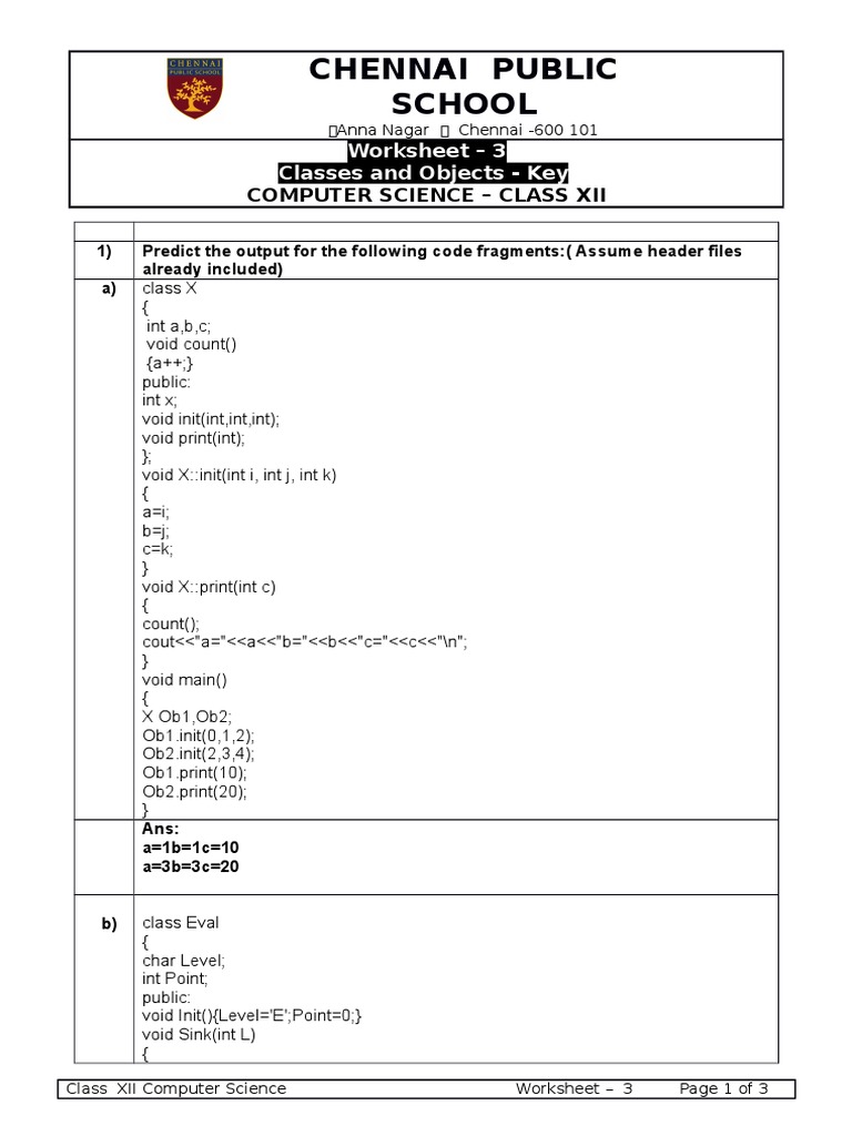 Chennai Public School: Computer Science - Class Xii | PDF | Parameter (Computer Programming ...