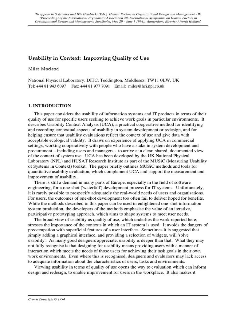 Usability in Context: Improving Quality of Use: Miles Macleod | PDF ...
