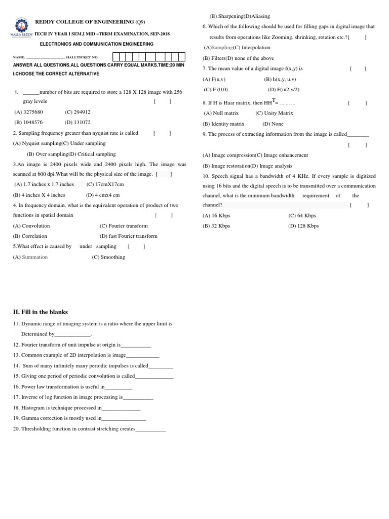 Digital Image Processing Bit Paper IVB - MRCE With Key | PDF | Sampling ...