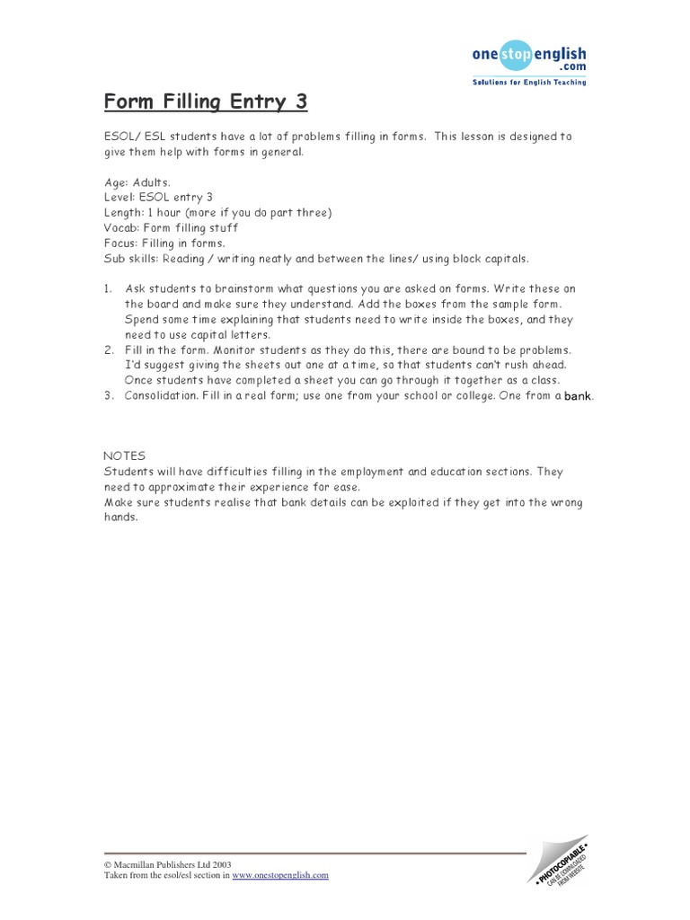 Form Filling Entry 3 Esol PDF | Download Free PDF | English As A Second ...