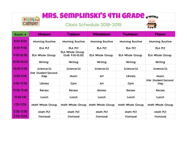 Mrs. Semplinski's 4th Grade: Class Schedule 2018-2019 | PDF