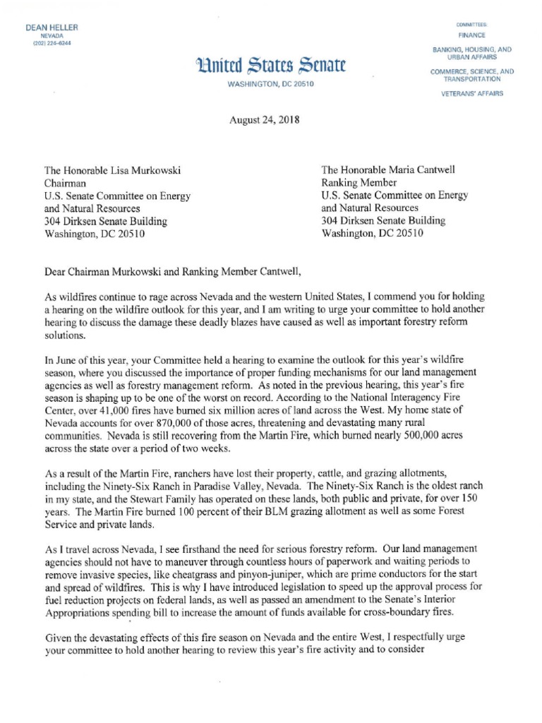 Heller wildfire letter to Senate Energy and Natural Resources Committee ...