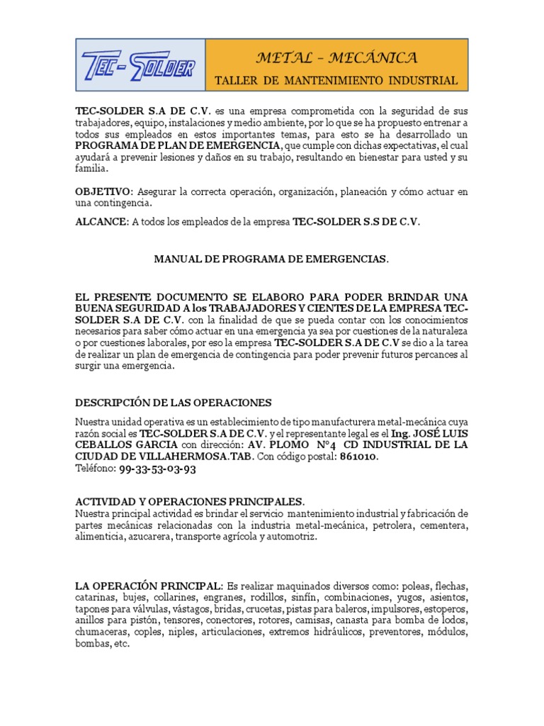 Plan de Emergencia de Tec-Solder | PDF | Primeros auxilios | Simulación
