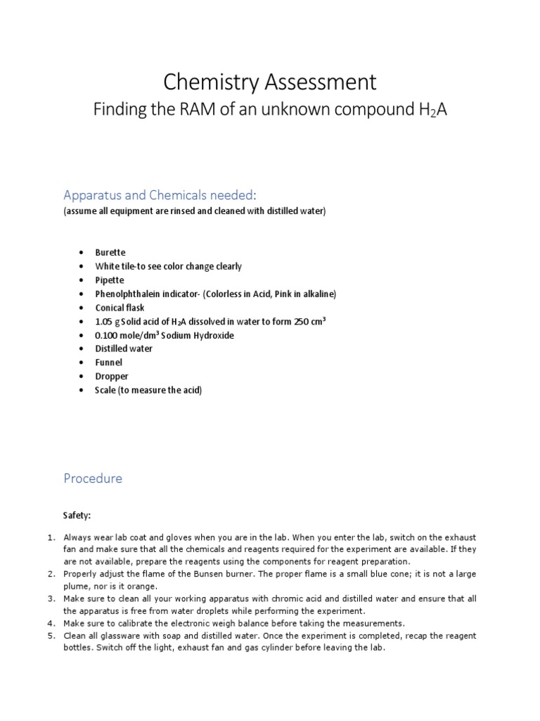 Chemistry Assessment: Finding The RAM of An Unknown Compound H A | PDF ...
