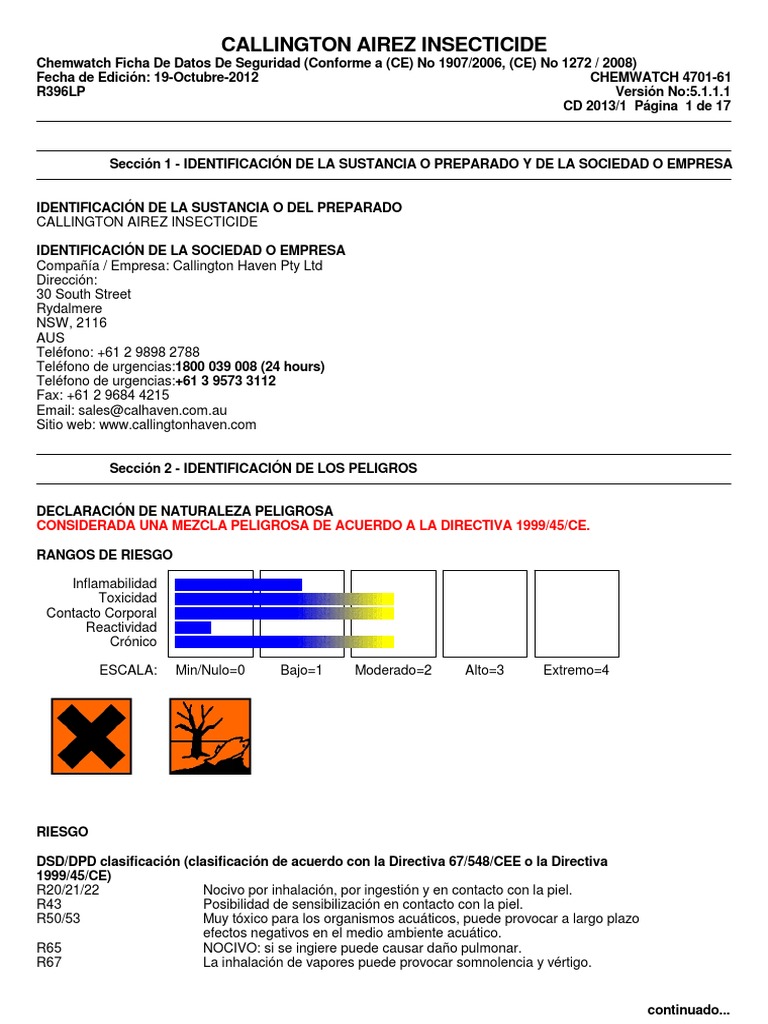 Ficha de Seguridad: Insecticida AIREZ | PDF | Contaminación | Alergia
