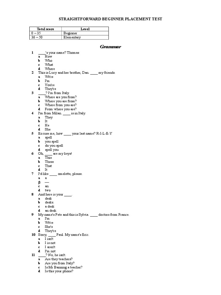 BEGINNER Placement Test | PDF