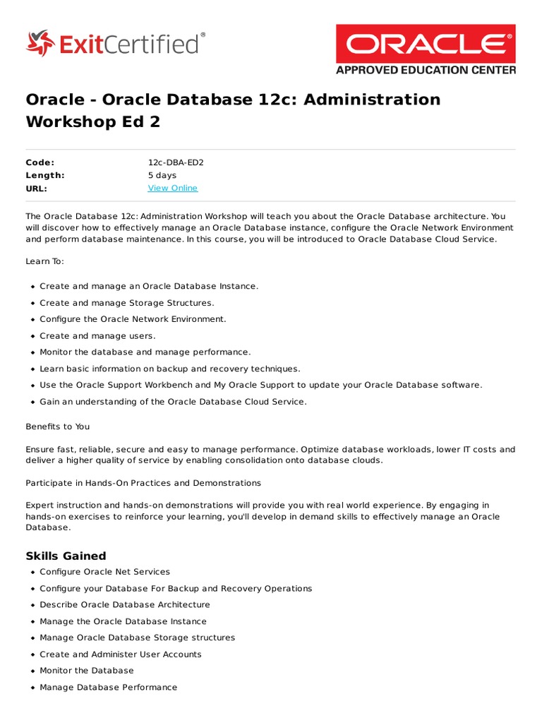 Oracle Database 12c Administration Workshop Ed 2 PDF | PDF | Oracle Corporation | Databases
