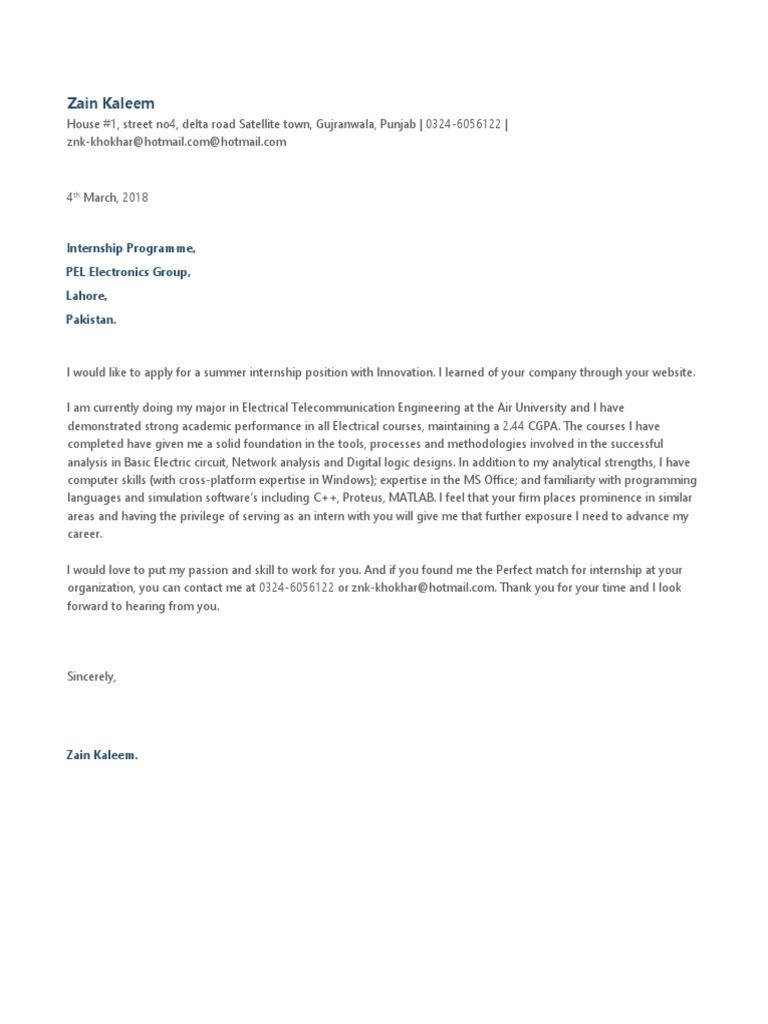 Zain Kaleem: Internship Programme, PEL Electronics Group, Lahore, Pakistan | PDF