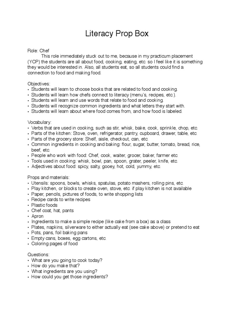 Literacy Prop Box | PDF | Kitchen Utensil | Kitchen