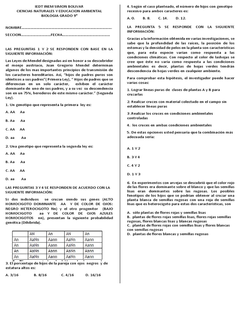 Evaluacion Saber Cruces Geneticos 9 | PDF | Dominancia (Genética ...